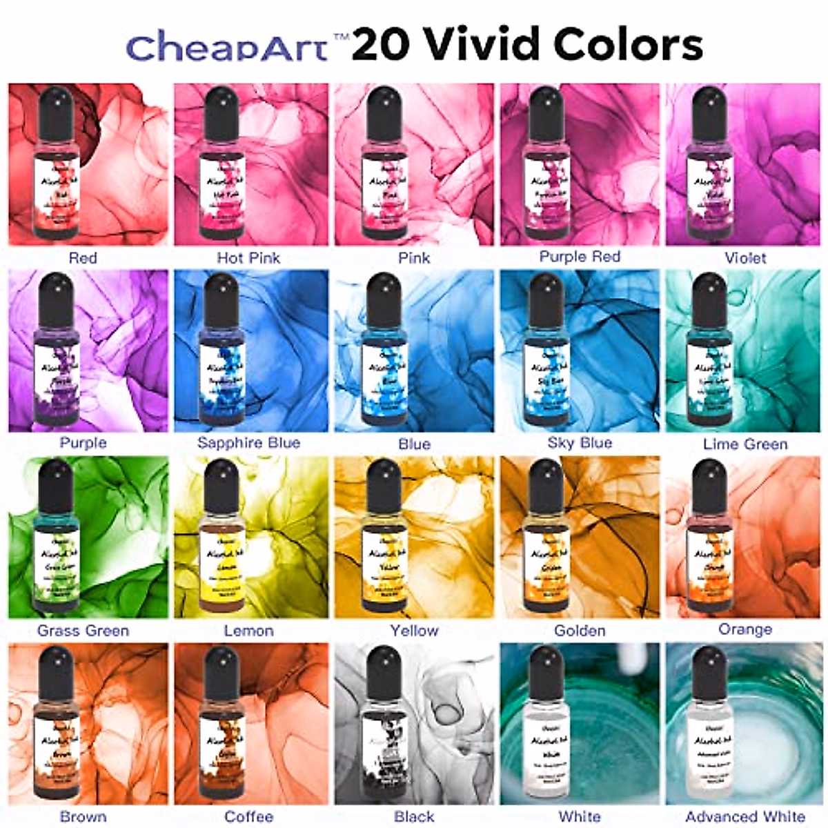Alcohol Ink for Epoxy Resin - 24 Bottles Alcohol-Based Ink Set Vibrant Color High Concentrated Alcohol Paint Pigment Resin Ink for Resin Dye Crafts Tumblers Acrylic Fluid Art Painting, 10ml/0.35 fl oz
