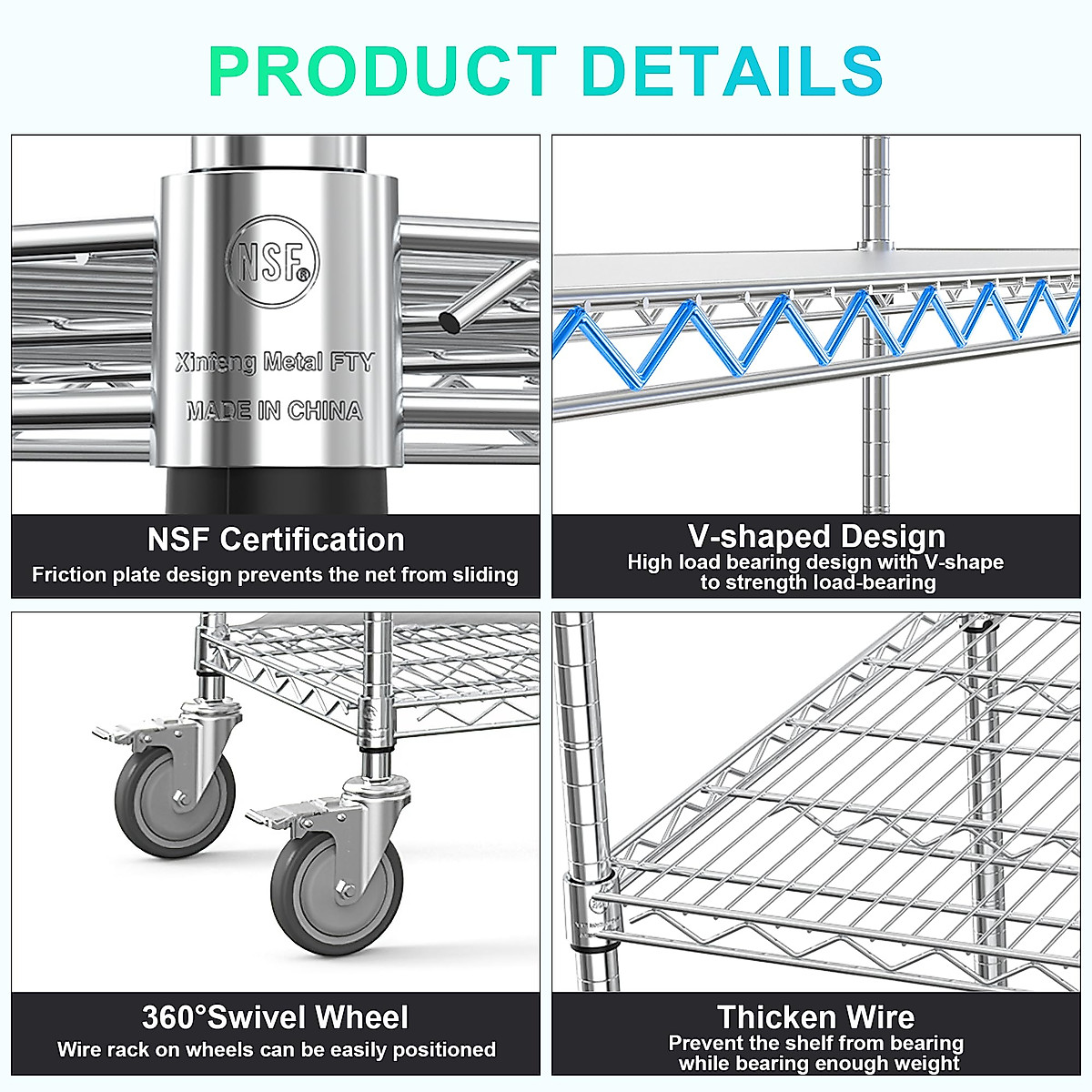 Dolonm 6-Tier Storage Shelves Wire Shelving Unit, 6000 LBS NSF Height Adjustable Shelves Organizer with Wheels, 18"L x 60"W x 87.5"H, Heavy Duty Garage Shelving for Restaurant, Office, Kitchen, Chrome