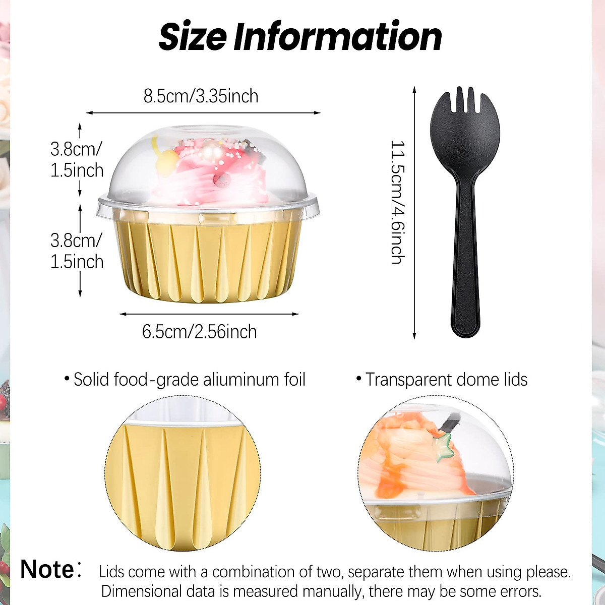 200 Pack 5oz Cupcake Liners with Dome Lids with 200 Pieces Spoons Bulk Aluminum Muffin Liners Foil Baking Cups Muffin Tin Dessert Pudding Holders for Individual Bakery Wedding Birthday Party