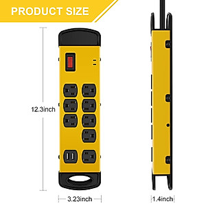 Heavy Duty Surge Protector with USB,8 Outlets Metal Power Strip,Heavy Duty Power Strip with 6ft Cord,1800 Joules,15A Circuit Breaker,Wall Mount,Workshop,Garage Extension Cord