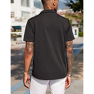 COOFANDY Men's Button Down Cuban Short Sleeve Shirts Textured Crochet Camp Black Shirts