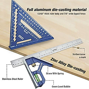 WORKPRO Aluminum Alloy Carpenter Square and Zinc-Alloy Square Ruler Set - 7 in. Rafter Layout Tool and 12 in. Combination Square Combo