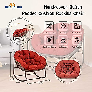 Hubhalsun Deluxe Patio Rocking Chair, Oversized Rattan Egg Rocking Chair, Indoor & Outdoor, Padded Cushion Rocker Recliner Chair for Front Porch, Garden, Patio, Backyard(Red)