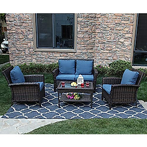PHI VILLA 4 PCs Outdoor Patio Furniture Conversation Set Wicker Rattan Sofa Set with Coffee Table, Blue Padded Cushion for Garden, Lawn and Deck