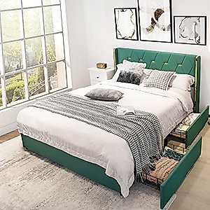 Giantex Upholstered Bed Frame with 4 Drawers, Queen Size PU Leather Bed Frame, Heavy-Duty Noise-Free Bed Frame, Easy Assembly, No Box Spring, Green
