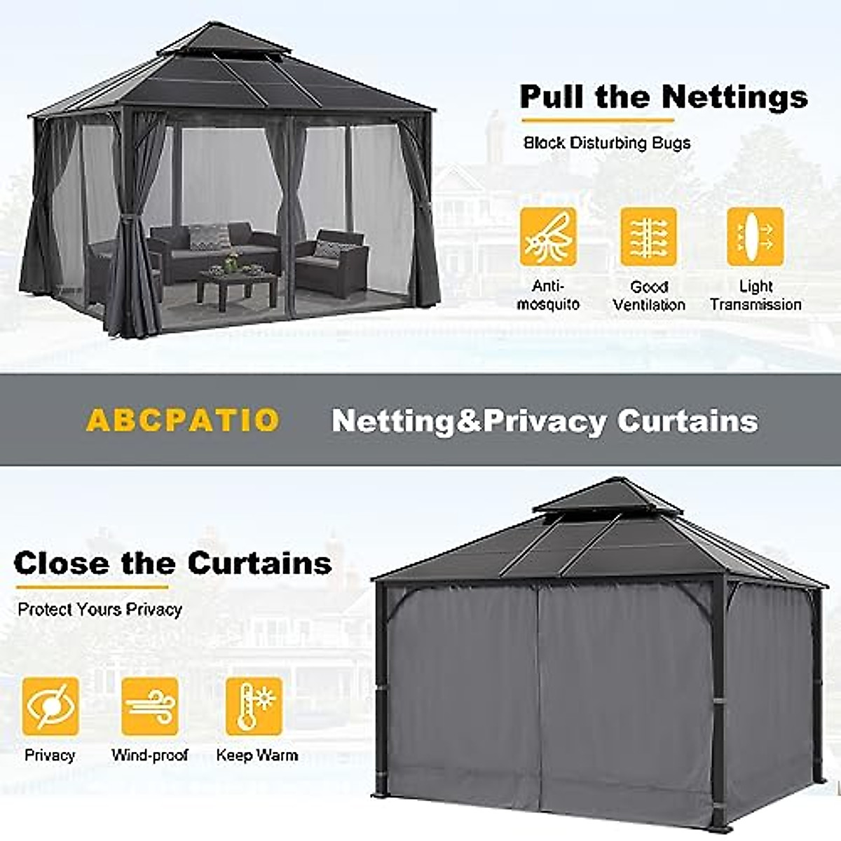 ABCPATIO 12x12 Hardtop Gazebo - Outdoor Polycarbonate Double Roof Gazebo Canopy, Metal Frame Permanent Pavilion with Curtains and Netting for Patio, Garden, Patio, Lawns (Dark Gray)