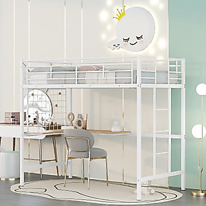 BIADNBZ Metal Twin Loft Bed with L Shaped Desk and Metal Grid, High Beframe for Juniors Adults w/Full-Length Guardrail & Ladders, Space-Saving, No Box Spring Needed, White
