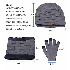 KMOLY Kids Winter Beanie Hat Scarf Touchscreen Gloves Set for Boys Girls 4-15 Years Warm Skull Cap Fleece Lined Knitted Hat (grey)