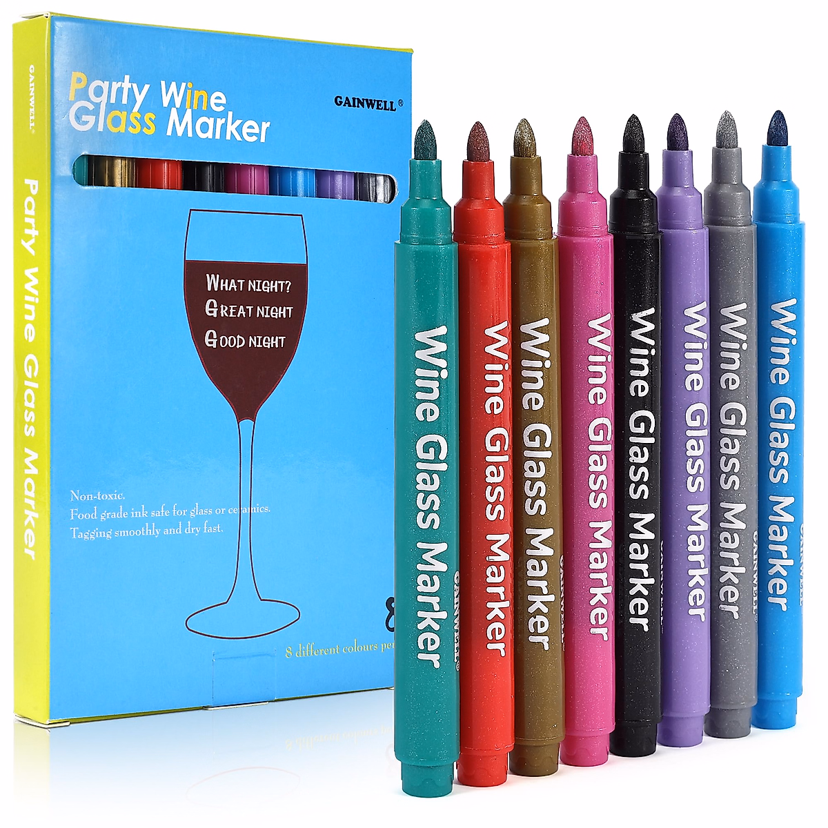 GAINWELL Wine Glass Markers – Pack of 8 Food-Safe Non-Toxic Wine Glass Marker Pens - Can also be Used on Ceramic Plates and other Glass and Dinnerware