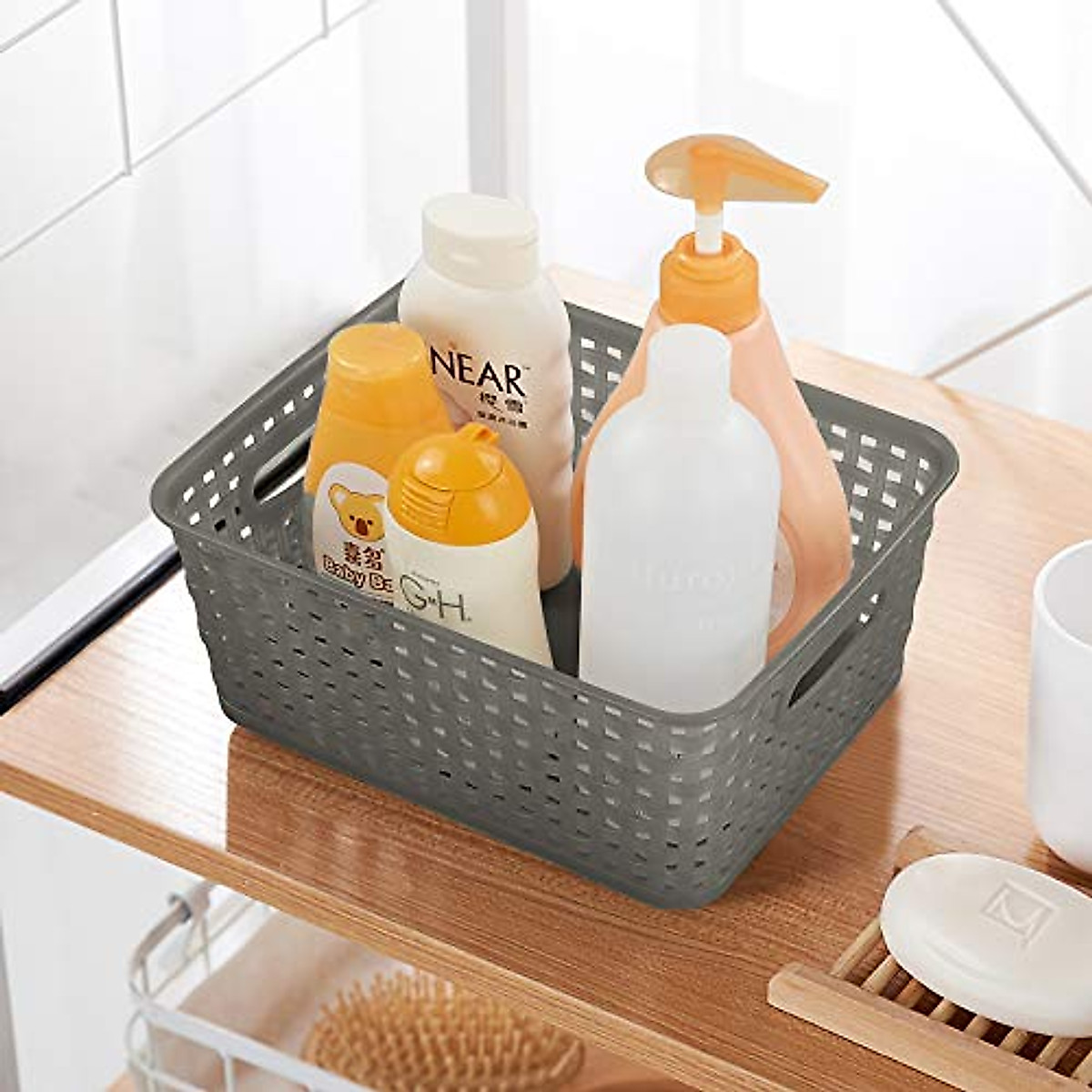 Rinboat Mixed Color Rectangle Storage Baskets, Plastic Weave Shelf Baskets, 6 Packs