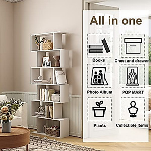 HOMEFORT Wooden Geometric Bookshelf,6-Tier S-Shaped Bookcase,6 Shelf Morden Bookshelves,Unique Freestanding Tall Book Shelf and Book Case for Bedroom and Living Room Home Office,White