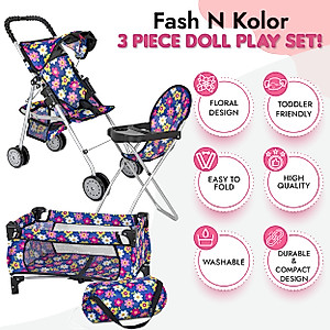 fash n kolor Doll 3 Piece Play Set Baby Doll Accessories - includes, 1 Pack N Play. 2 Doll Stroller. 3 Doll High Chair. Fits Up to 18'' Doll (Flower)