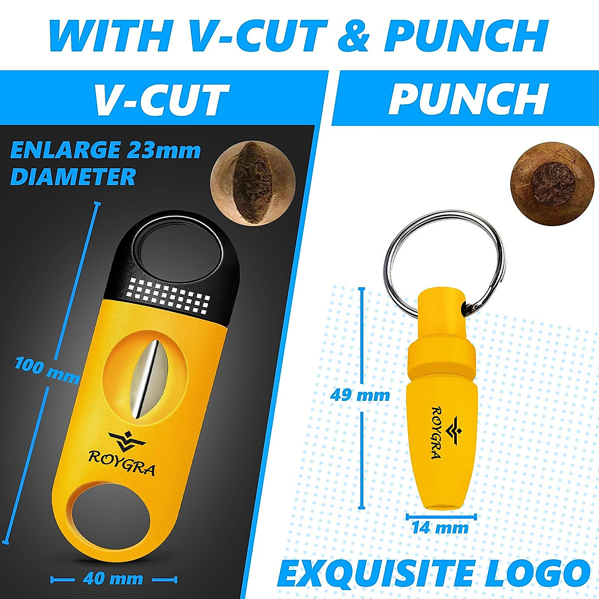 roygra Cigar Ashtray with Cigar Cutter Set, Handmade Gilt Ceramic Ashtray with Enlarge Guillotine, Enlarge V-Cut, Cigar Punch (Orange)
