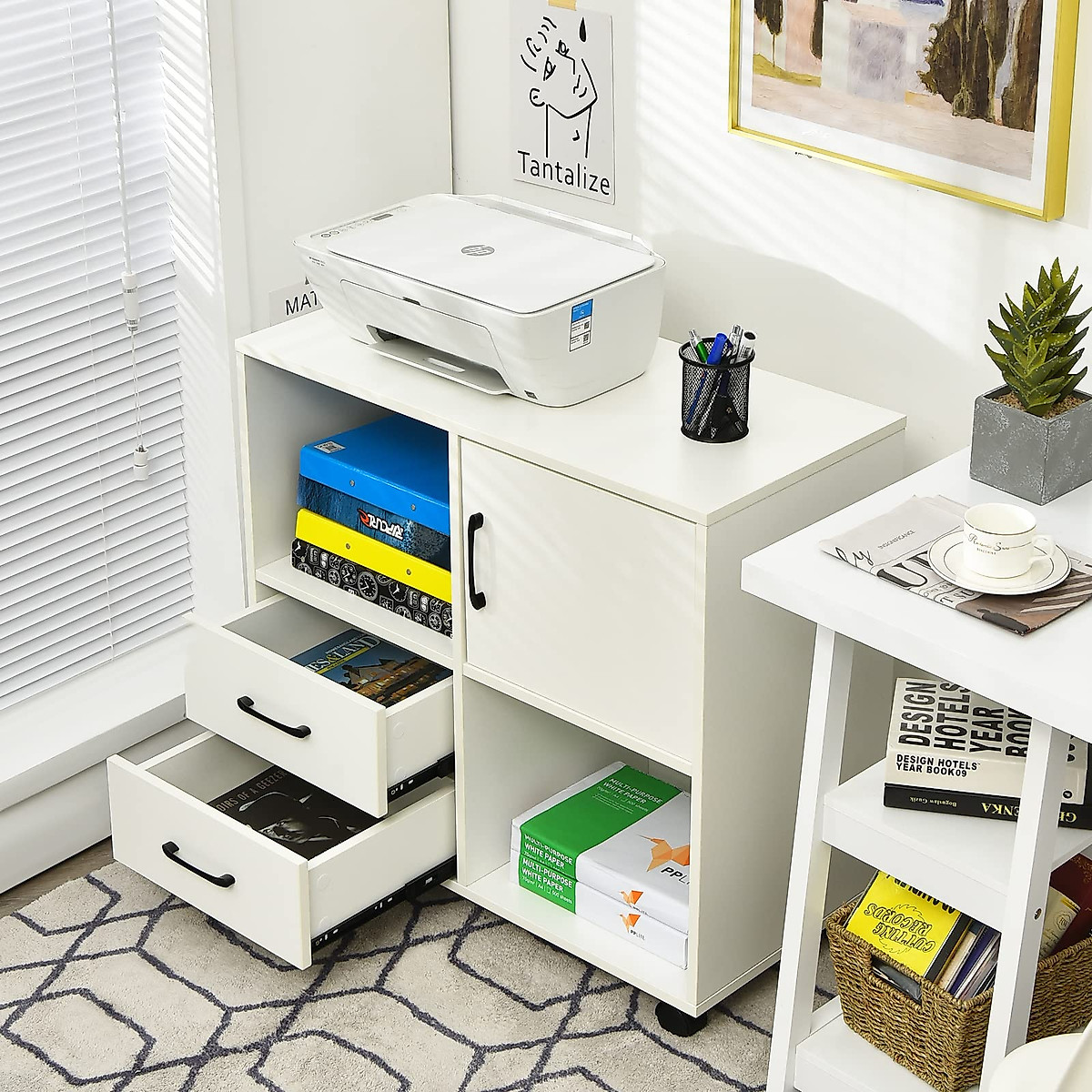 Giantex Printer Stand Under Desk - Mobile File Cabinet with 2 Drawers, Lateral Cabinet, 2 Open Compartments, Lateral Rolling Filing Cabinet on Wheels for Home & Office Use Printer Table (White)
