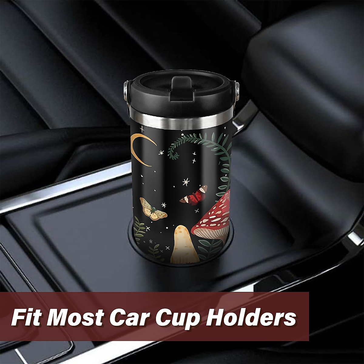 thmasamwr Mushroom Tumbler with Lid and Straw, Stainless Steel Mushroom 30oz Tumbler with Handle, Black Mushroom Travel Coffee Mug Mushroom Gifts Cups for Women and Men