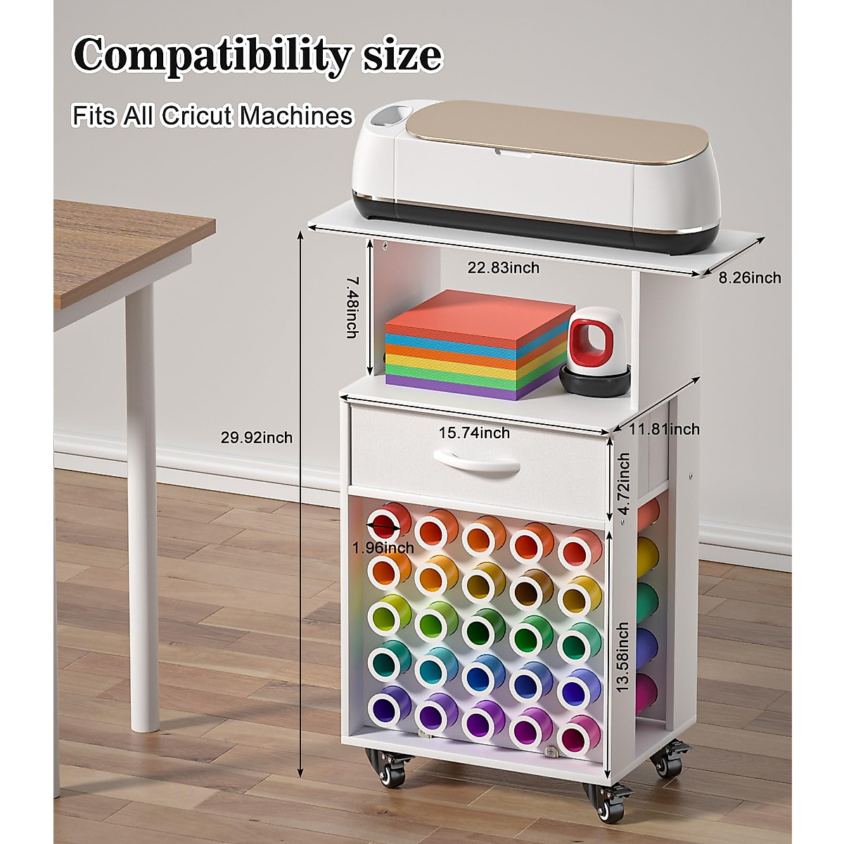 Rolling Craft Storage Cart for Cricut,Crafting Cabinet Workstation with 25 Vinyl Roll Holders,Organizer and Storage Cart for Cricut Machine,Craft Cart and Storage Table for Craft Room&Home&Office