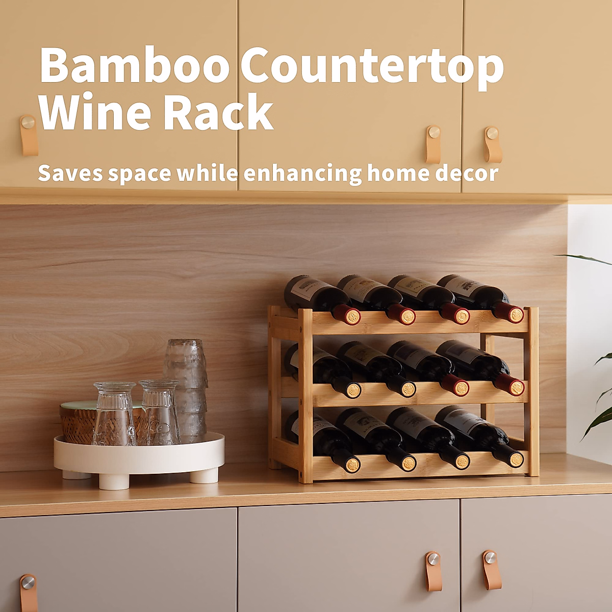 VASMIA Bamboo Wine Rack, Sturdy and Durable Wine Storage Cabinet Shelf, Wine Racks Countertop for Pantry,Kitchen,3-Tier 12 Bottles Wine Rack Natural