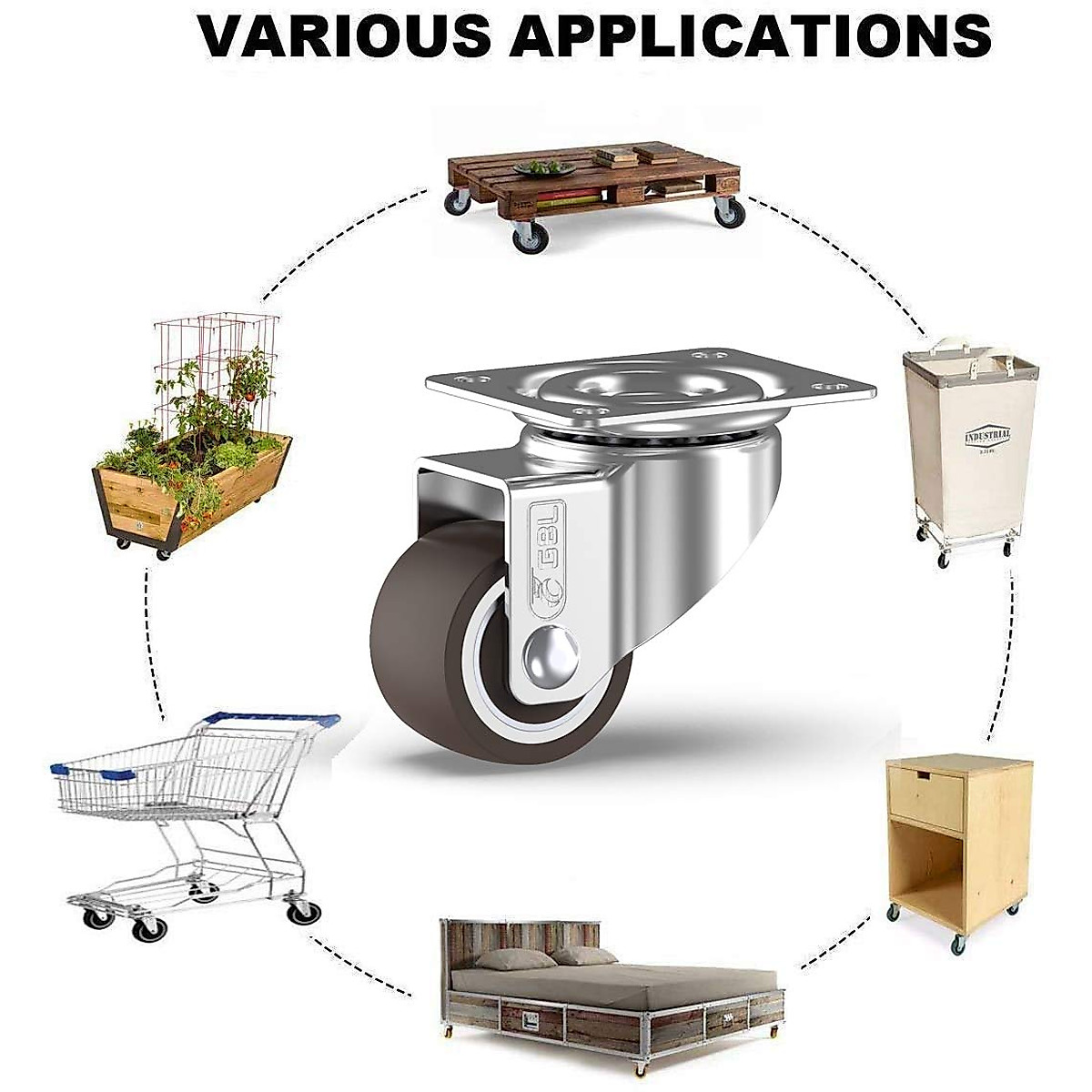 GBL 1" inch Small Caster Wheels with 2 Brakes + Screws - 90Lbs - Low Profile Castor Wheels with Brakes - Set of 4 No Floor Marks Silent Casters - Mini Wheels for Cart