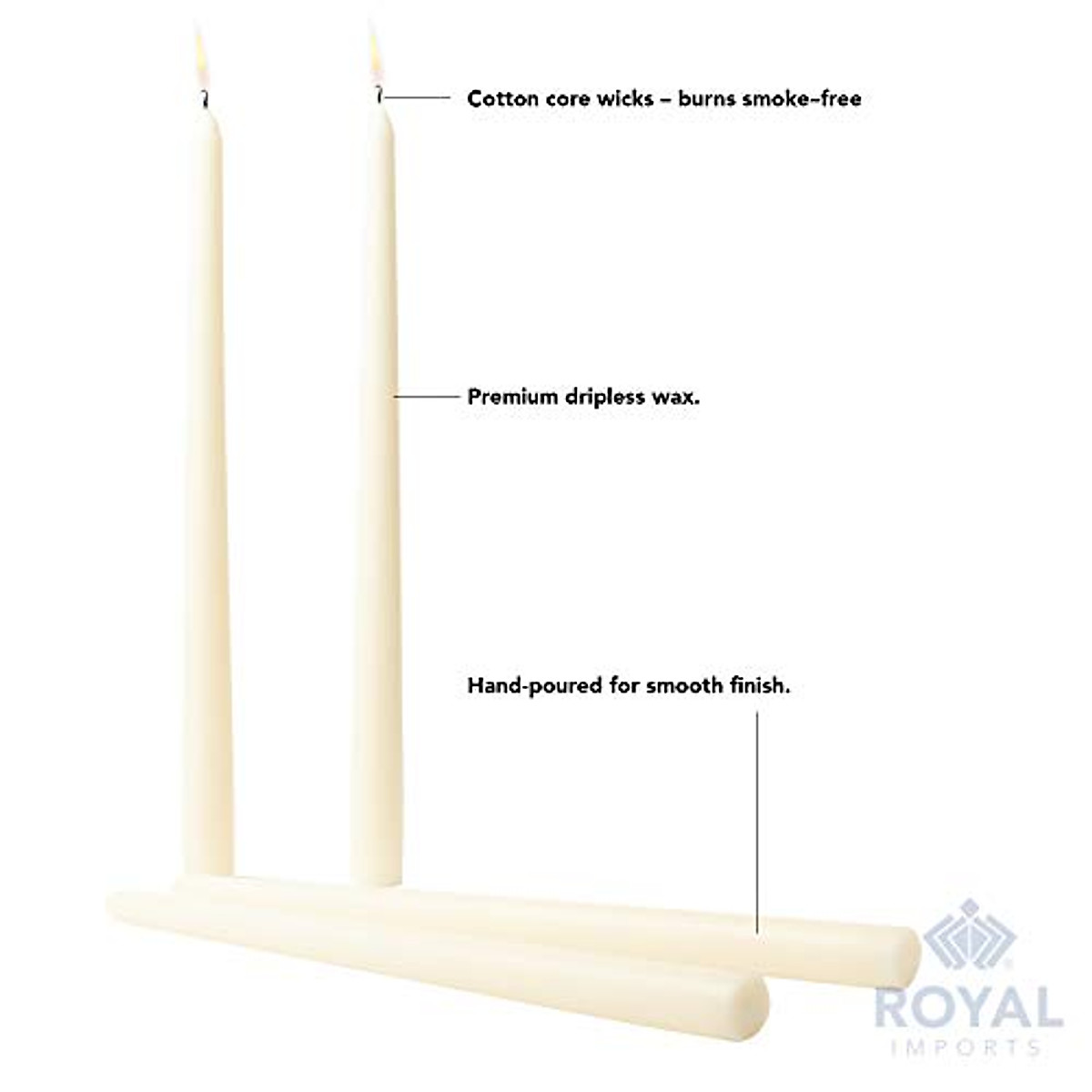 Royal Imports Unscented Taper Candles, Elegant Premium Quality, Dripless & Smokeless, Hand-Dipped Dinner Candles for Wedding, Holiday, Home Decor - 9 Hour Burn Time - Set of 12 (12 Inch, Ivory)