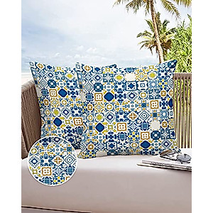 Pillow Covers 20x20in Waterproof Throw Pillows for Couch, Blue Mosaic Throw Pillow Covers, Pack of 2 Decorative Pillows Cushion Case for Bed Sofa, Outdoor Pillows for Patio Furniture