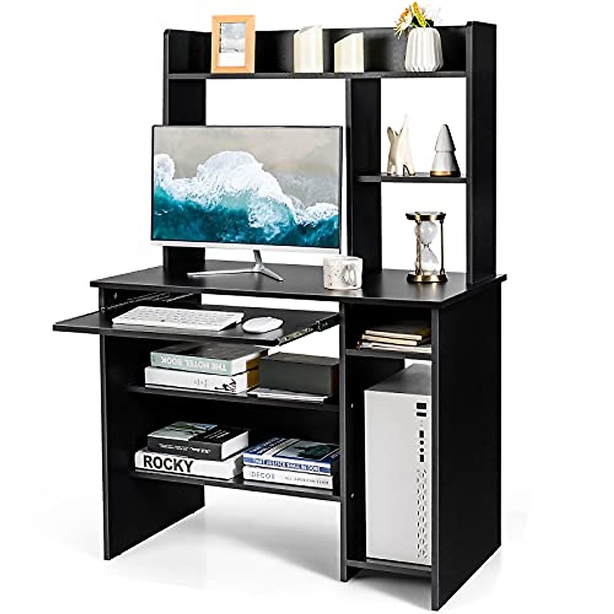 Tangkula Computer Desk with Hutch, Home Office Desk with Keyboard Tray & CPU Stand, Space Saving Study Writing Desk with Storage Bookshelves, Desk Workstation with Hutch for Bedroom, Black
