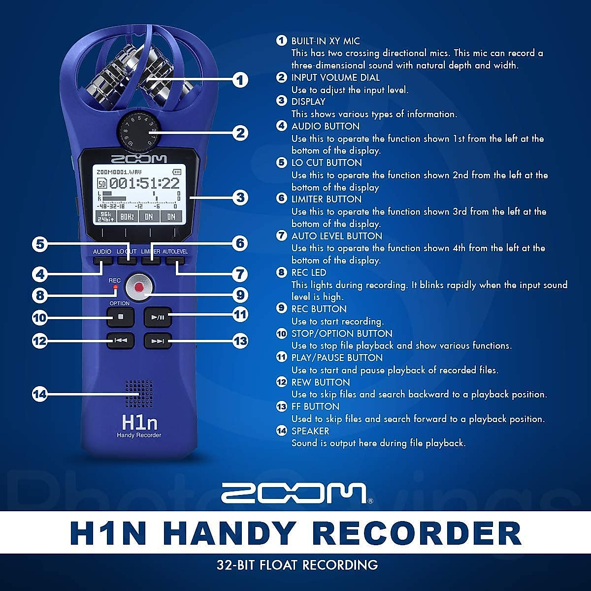Zoom H1n 2-Input / 2-Track Portable Handy Recorder with Onboard X/Y Microphone (Blue) + Xpix Professional Lavalier Microphone, Stereo Headphones, 32GB SD Card, AAA Batteries & Charger & Accessories