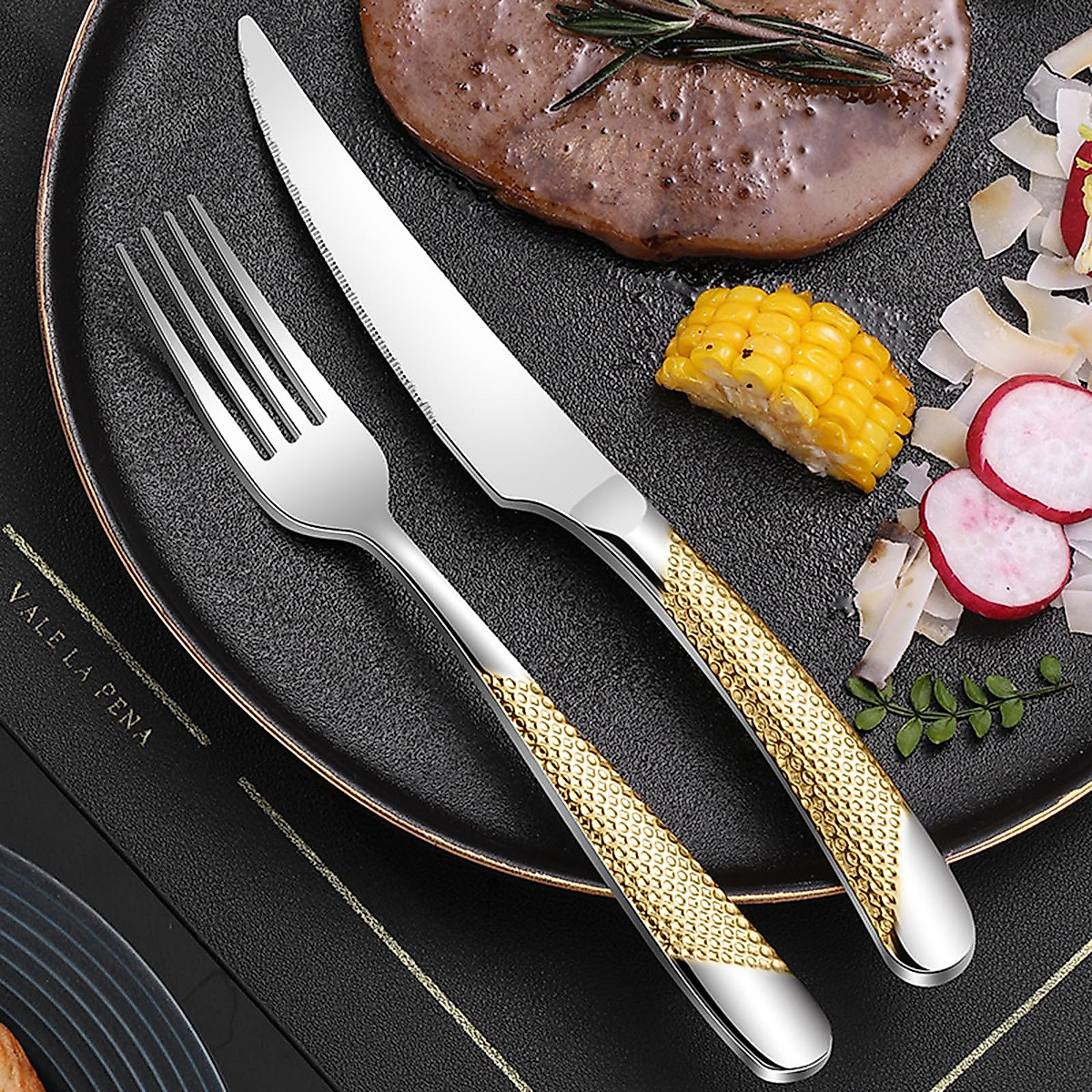 Golden Michelangelo Silverware Set for 8, Elegant 18/10 Stainless Steel Flatware Set, Cutlery Sets for 8 People, Dishwasher Safe (32pcs, Golden) Christmas