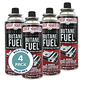 Chef Master 90340 | Pack of 4 Butane Fuel Cylinders| 8oz Butane Canisters for Portable Stove | Butane Torch Replacement Canisters