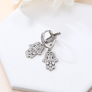 Aniu 925 Sterling Silver Hamsa Earrings with Cubic Zirconia Hand of Fatima Evil Eye Hoop Dangle Drop Earrings Jewelry for Women