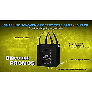 DISCOUNT PROMOS Custom Reusable Grocery Tote Bag for Shopping - 10 Pack - Personalized Logo, Text -Small Foldable Bags – Black