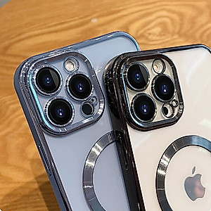 Uioeua Compatible with iPhone 13 Pro Max Magnetic Clear Case,Luxury Plating Bling Transparent Shockproof MagSafe Case with Full Camera Lens Protector for iPhone 13 Pro Max Women Girl Men-Sky Blue