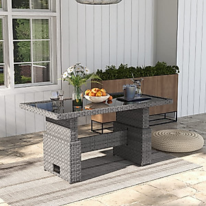 SUNSITT Outdoor Patio Lift Dining Table, Rectangle Patio Coffee Table with Glass Tabletop, Wicker Furniture Multi-Function Dining Table for Backyard, Deck, Garden, Grey