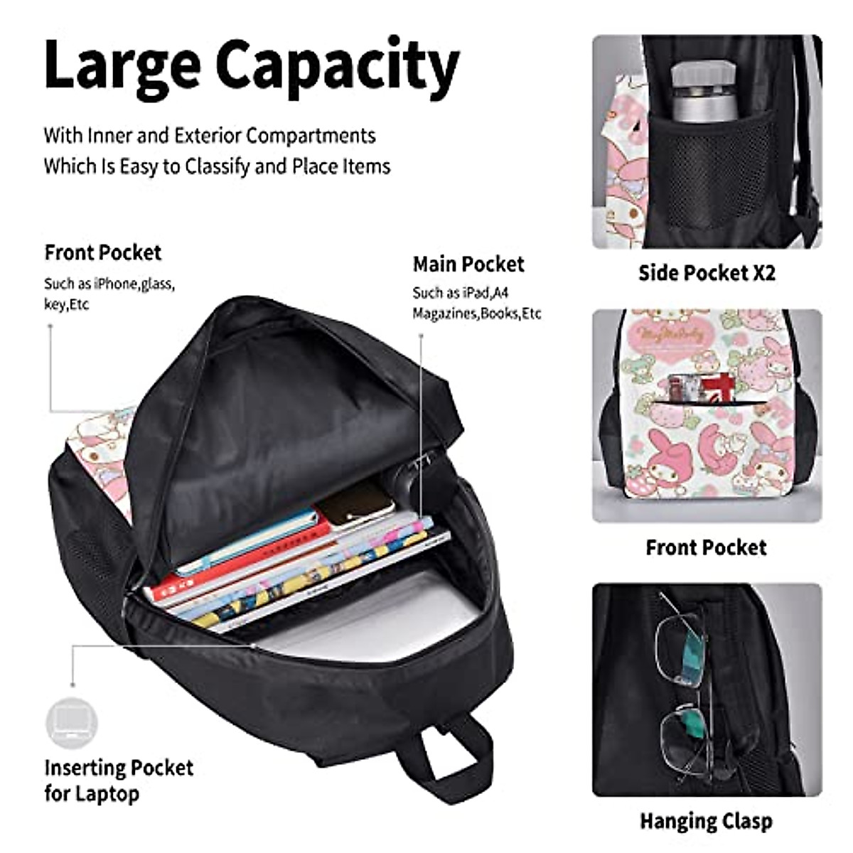 ORPJXIO Backpack 3 Piece Set Kuromi Anime My Melody School Bag Pencil Case Lunch Bag Combination For Travel Work Camping School