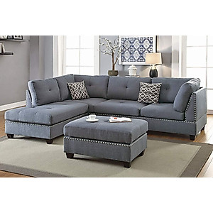 Poundex Bold and Beautiful 3-Piece Sectional Sofa Grey w/Silver Studs
