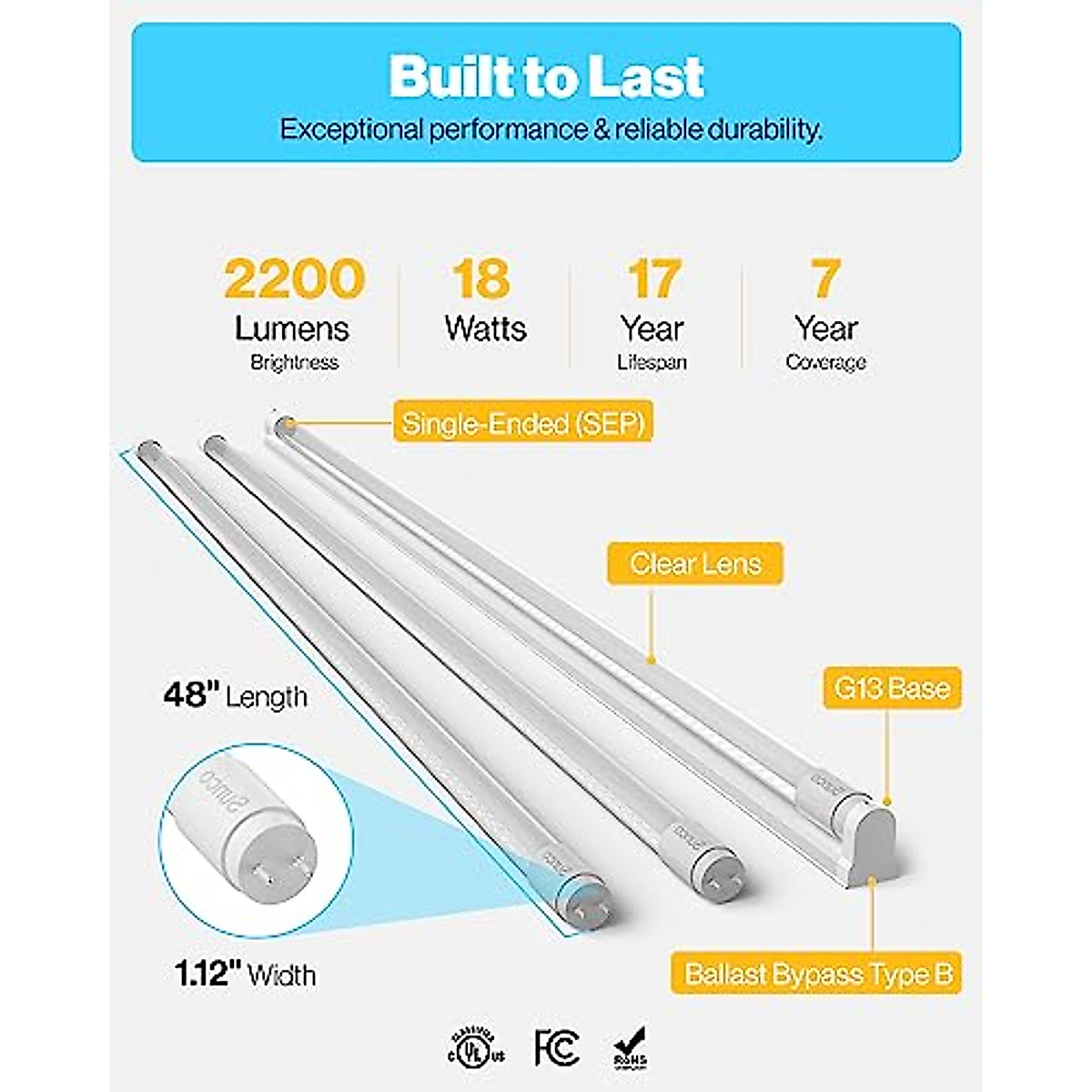 Sunco 50 Pack T8 LED Tubes 4FT Fluorescent Replacement, 48 Inch, 18W, 2200LM, 6000K Daylight Deluxe, Single Ended Power, Type B, Ballast Bypass, Clear Lens UL