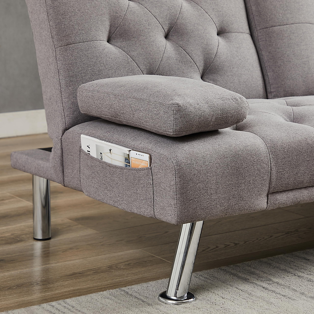 VFD Futon Sofa Bed Modern Couches for living room Convertible Recliner Sleeper Sofa Loveseat with 2 Cup Holders and Side Pocket, Removable Armrests (Light Gray)