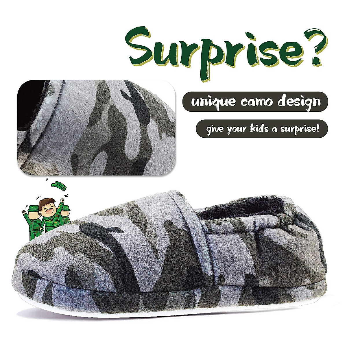 LA PLAGE Boys House Slippers with Cozy Memory Foam Slip On Camo House Shoes, Breathable Indoor Outdoor Warm Winter Home Slippers for Little Big Kids 3-4 US Grey