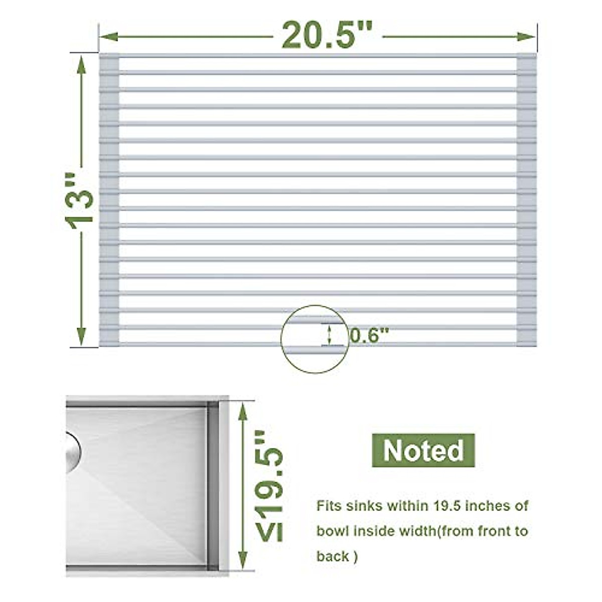 X Home Large Roll Up Dish Drying Rack, 20.5 x 13 Inch Silicone Coated Foldable Dish Rack Over The Sink for Kitchen, Gray