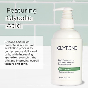 Glytone Daily Body Lotion Broad Spectrum SPF 15 with Glycolic Acid & Shea Butter, Retexturizing Moisturizer, Fragrance Free, 12 oz.