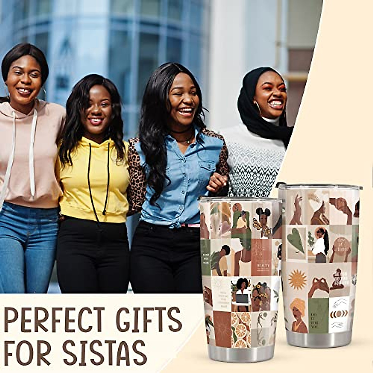 20oz Black Women Tumbler With Lid African American Gifts For Black Women - Self Care For Black Women Positive Affirmations For Black Women Black Girl Magic Stainless Steel Insulated Travel Coffee Cups