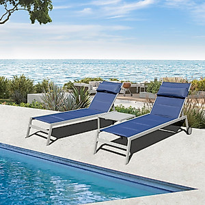 Domi Patio Chaise Lounge Set of 3, Adjustable Full Aluminum Pool Lounge Chairs with Wheels and Side Table, Padded Sunbathing Lounger for Deck Lawn Patio Backyard,Textilene - Navy Blue