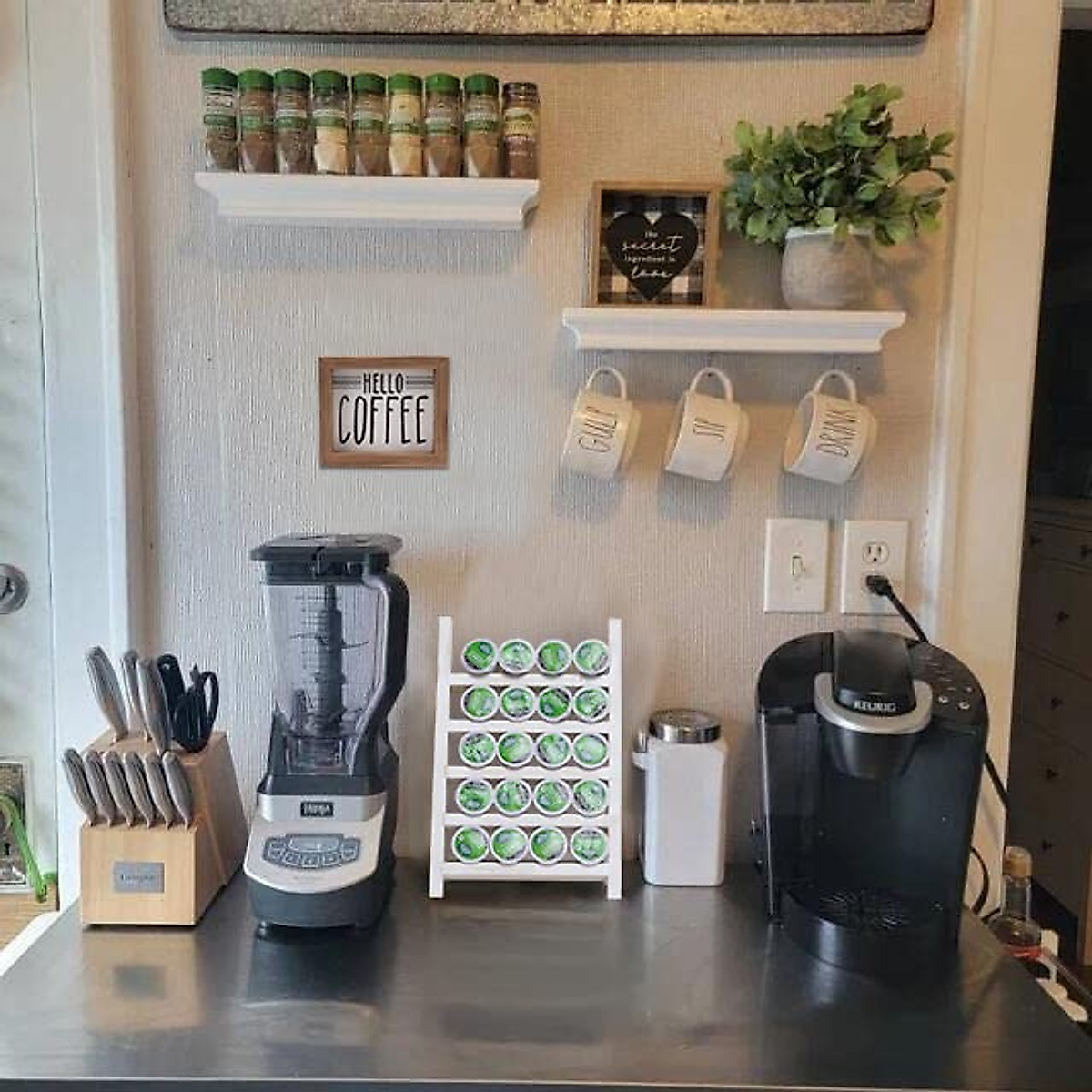 GENMOUS Farmhouse K Cups Ladder Coffee Pod Holder For Countertop, Rustic Wood Keurig Pod Holder K cup Organizer For Home Kitchen Storage, Coffee Station Organizer For Coffee Bar Accessories White