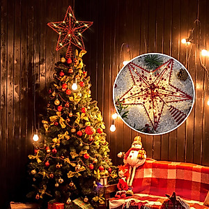 LAWOHO Christmas Tree Topper Star, 10 Inch LED Star Tree Topper, Red Beads Design Christmas Tree Star, Battery Powered Lighted Xmas Tree Topper for Holiday Seasonal Christmas Tree Decorations