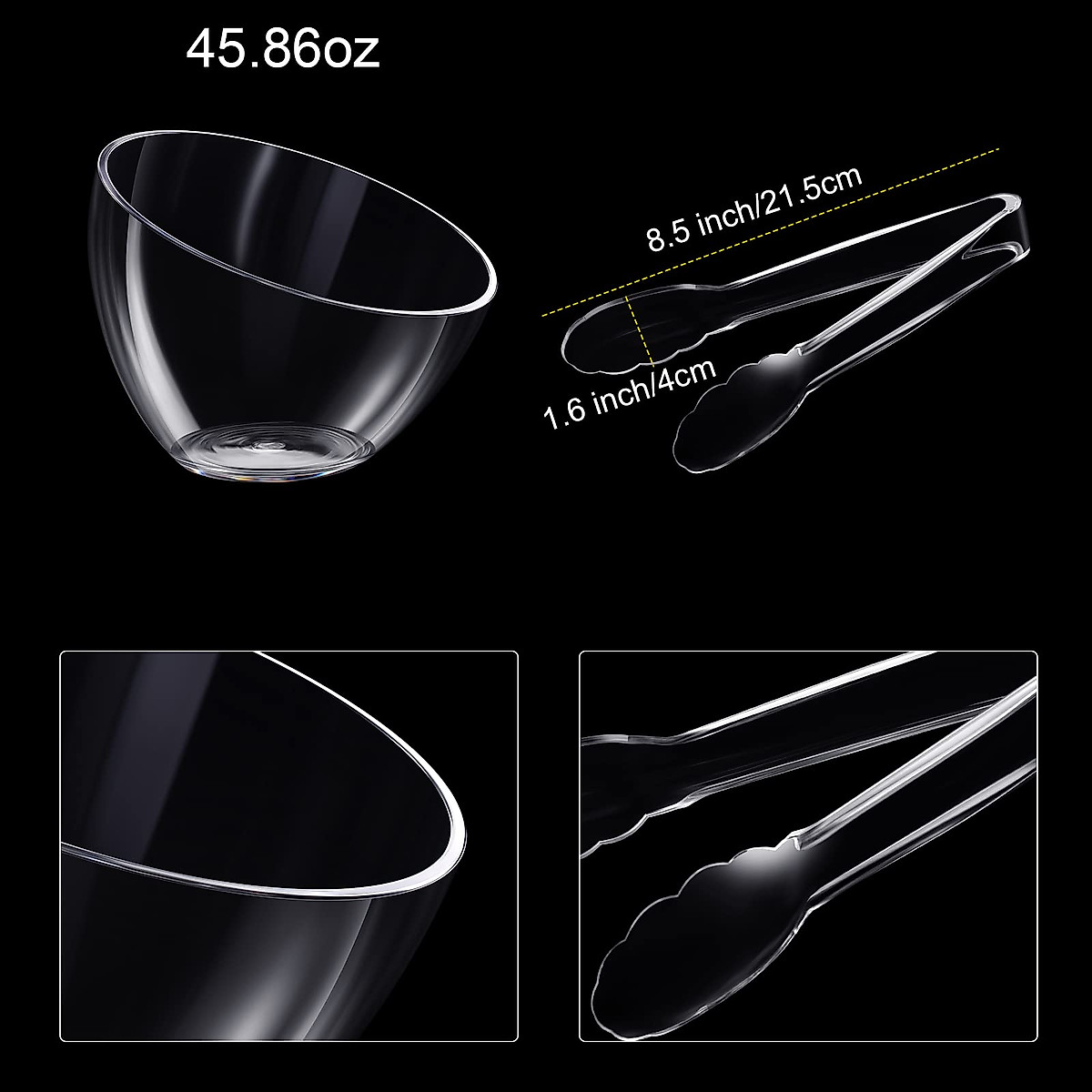 8 Pcs Acrylic Bowls Angled Plastic Bowls with Tongs Clear Salad Serving Bowls Thick Acrylic Serving Bowls for Parties Snack Candy Bowls Buffet Containers for Pasta, Chips, Fruit, Prep