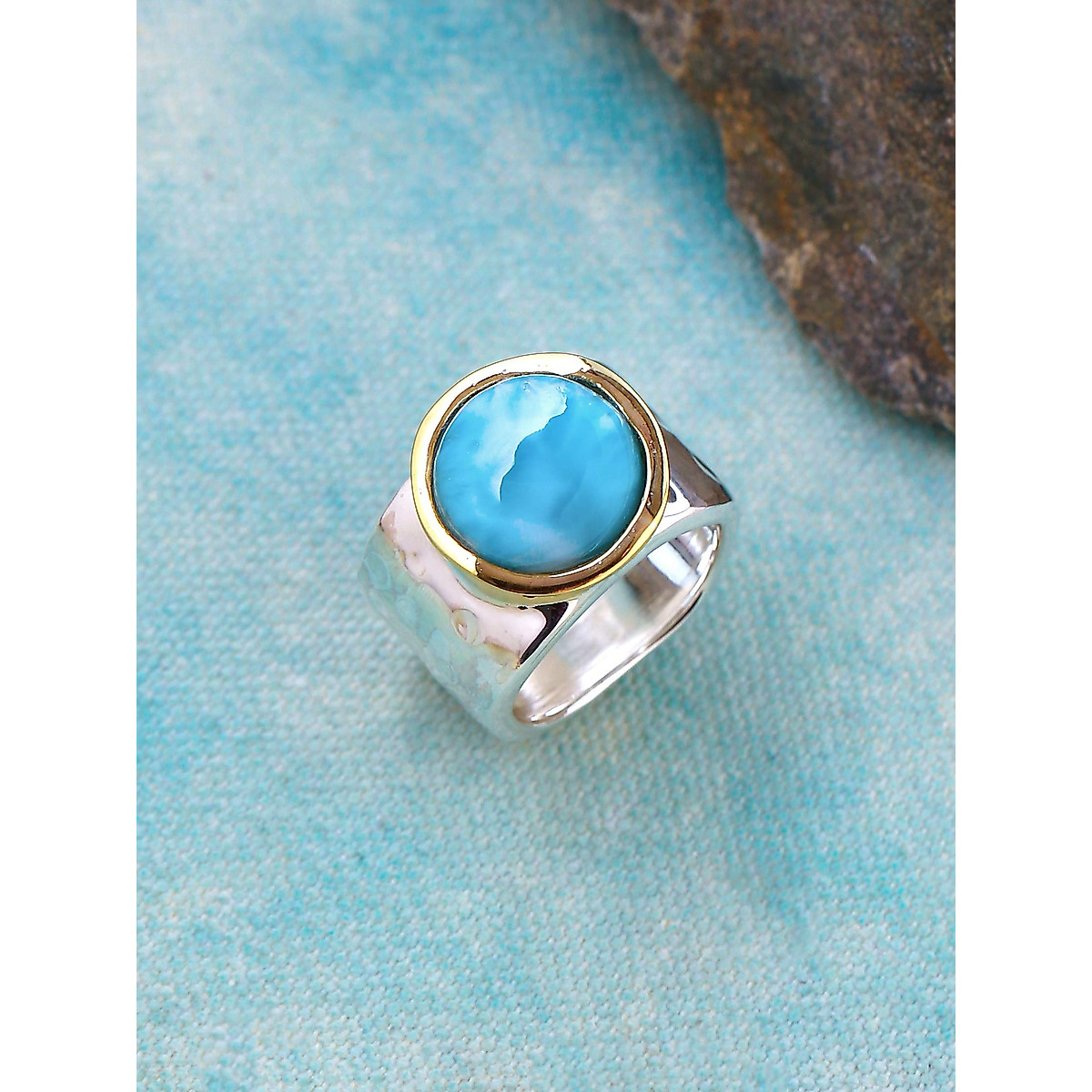 YoTreasure 13 MM Larimar Wide Band Hammered Ring .925 Sterling Silver Brass (10)