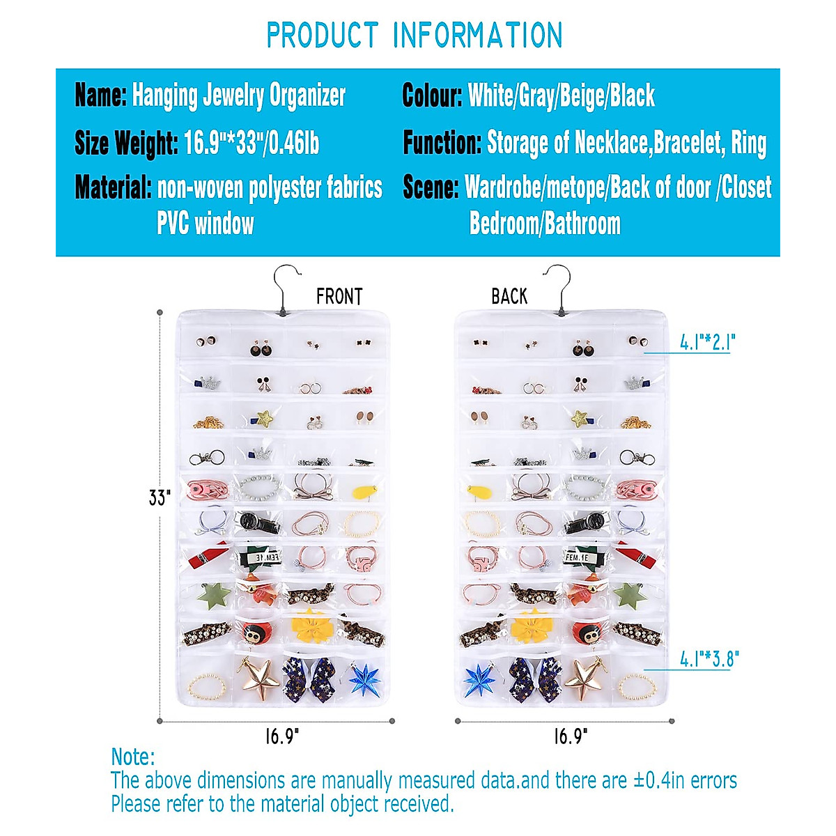 AARAINBOW Hanging Jewelry Organizer Dual-Sided Closet Accesoory Organizer with 80 Pockets Jewelry Hanger for Earrings, Necklaces, Rings on Closet, Wall, Door (White)