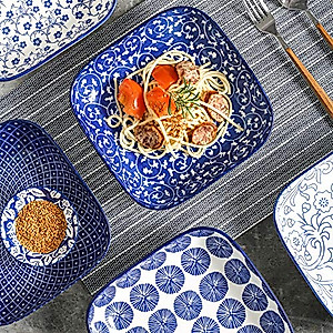 Selamica Porcelain 8-inch Square Dinner Plates, Salad Pasta Bowls, Set of 6, Vintage Blue