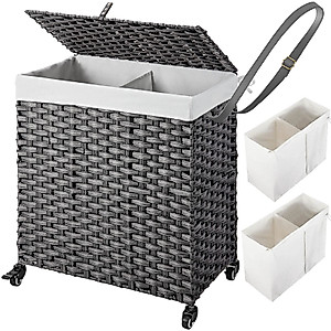Greenstell Laundry Hamper with Wheels, No Install Needed, 110L Divided Handwoven Hampers & 2 Removable Liner Bags, Rattan Clothes Laundry Basket with Lid & Handles, Foldable Hampers Gray 22x13x26.4 In