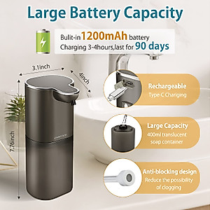 Cheftick Soap Dispenser, Automatic Foaming Soap Dispenser with 4 Adjustable Volume Control, Touchless Rechargeable Hands Free Auto Soap Dispenser for Kitchen, Bathroom, Hotel, Restaurant,13.5oz/ 400ml