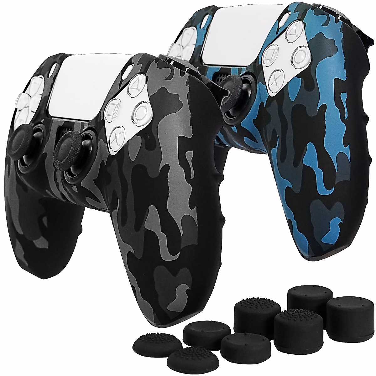 Fosmon Non-Slip Silicone Protective Case Compatible with Sony PS5 Controller (2 Pieces – Camo Black/Blue) Anti-Sweat Case Cover with 8 Pro Thumb Caps